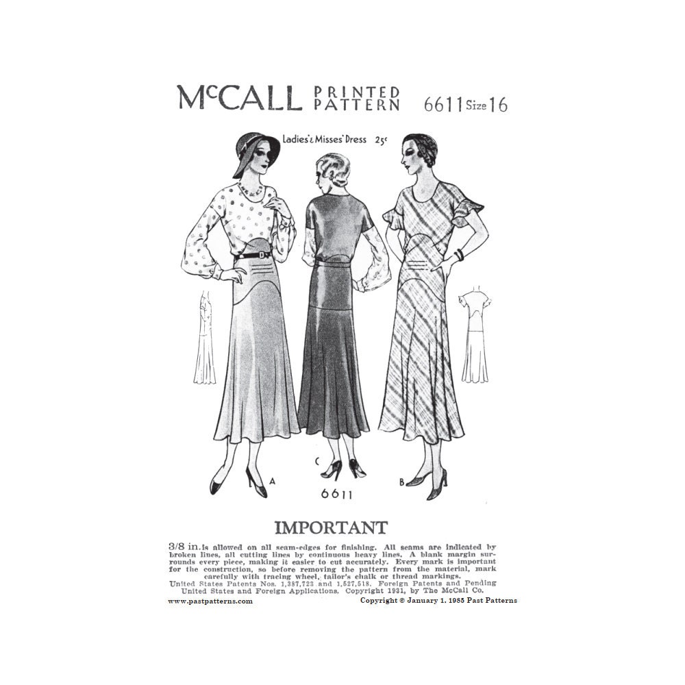 Past Patterns 6611 - Early 1930s Dress With Waist Yoke Sewing Bust 34 ...
