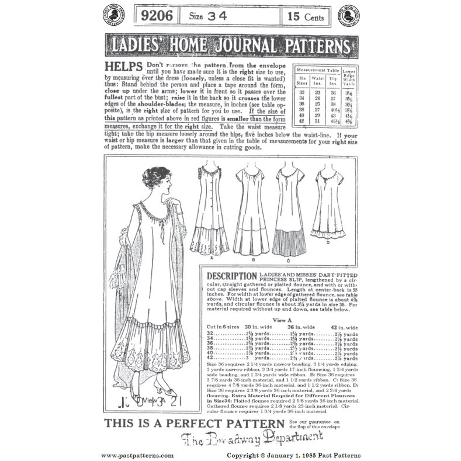 1910s Princess Slip Sewing Pattern: Ladies Home Journal Reproduction ...