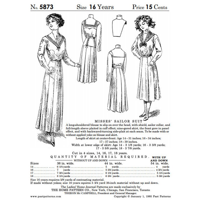 Past Patterns 5873 - 1910s Misses Sailor Suit Sewing Pattern Bust 32 ...