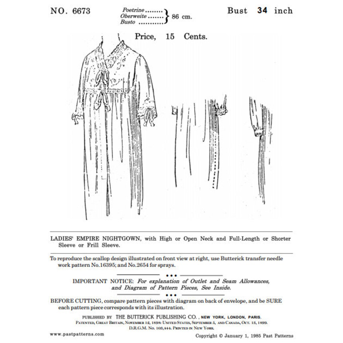 Past Patterns 6673 - Early 1900s Empire Nightgown Sewing Pattern Bust ...