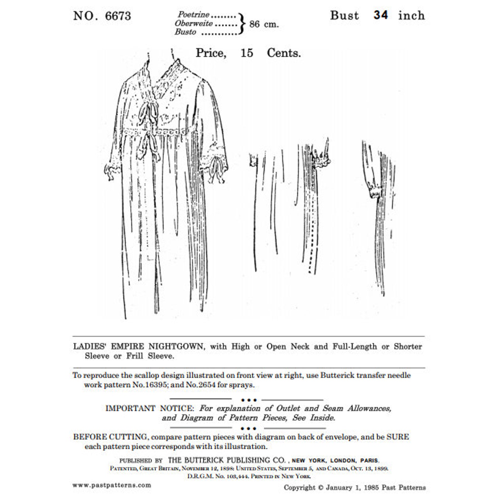 Past Patterns 6673 - Early 1900s Empire Nightgown Sewing Pattern Bust ...
