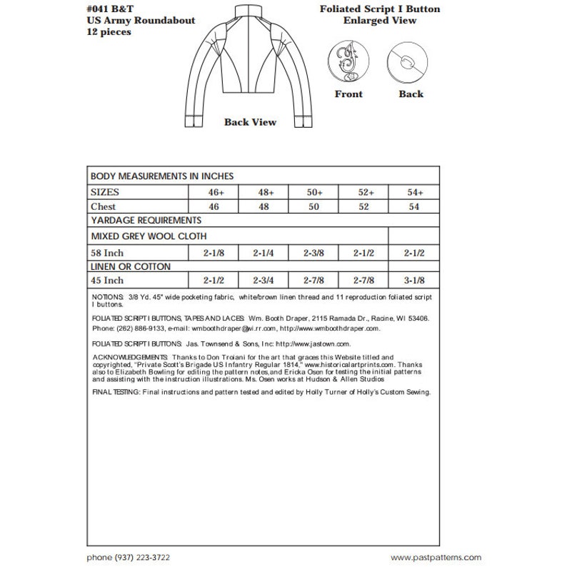 1800s US Army Jacket Sewing Pattern: Roundabout Coat (chest 38-54 ...