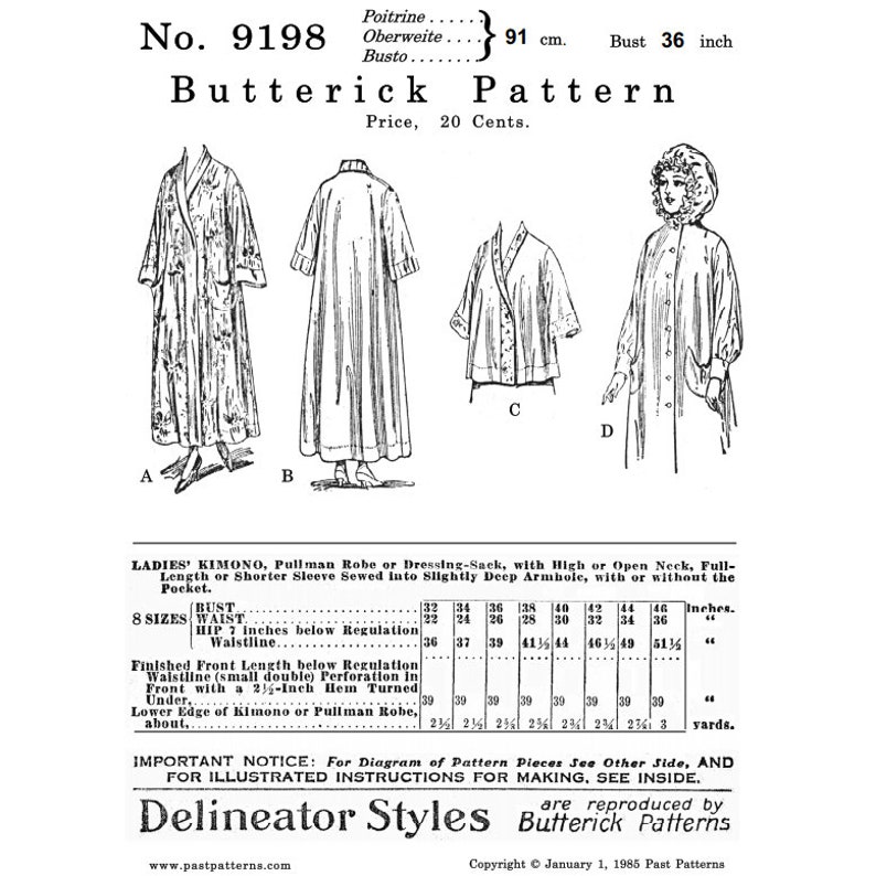 Past Patterns 9198 - Early 1920s Kimono Sewing Pattern Bust 36 B36 ...