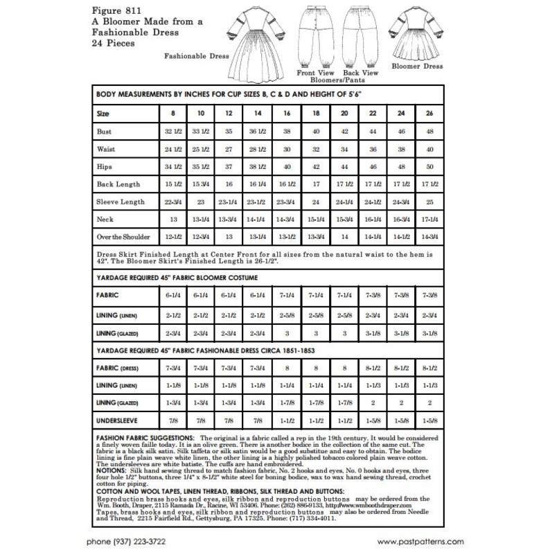 Past Patterns 0811 - 1850s Bloomer Costume Sewing Pattern Past Patterns ...