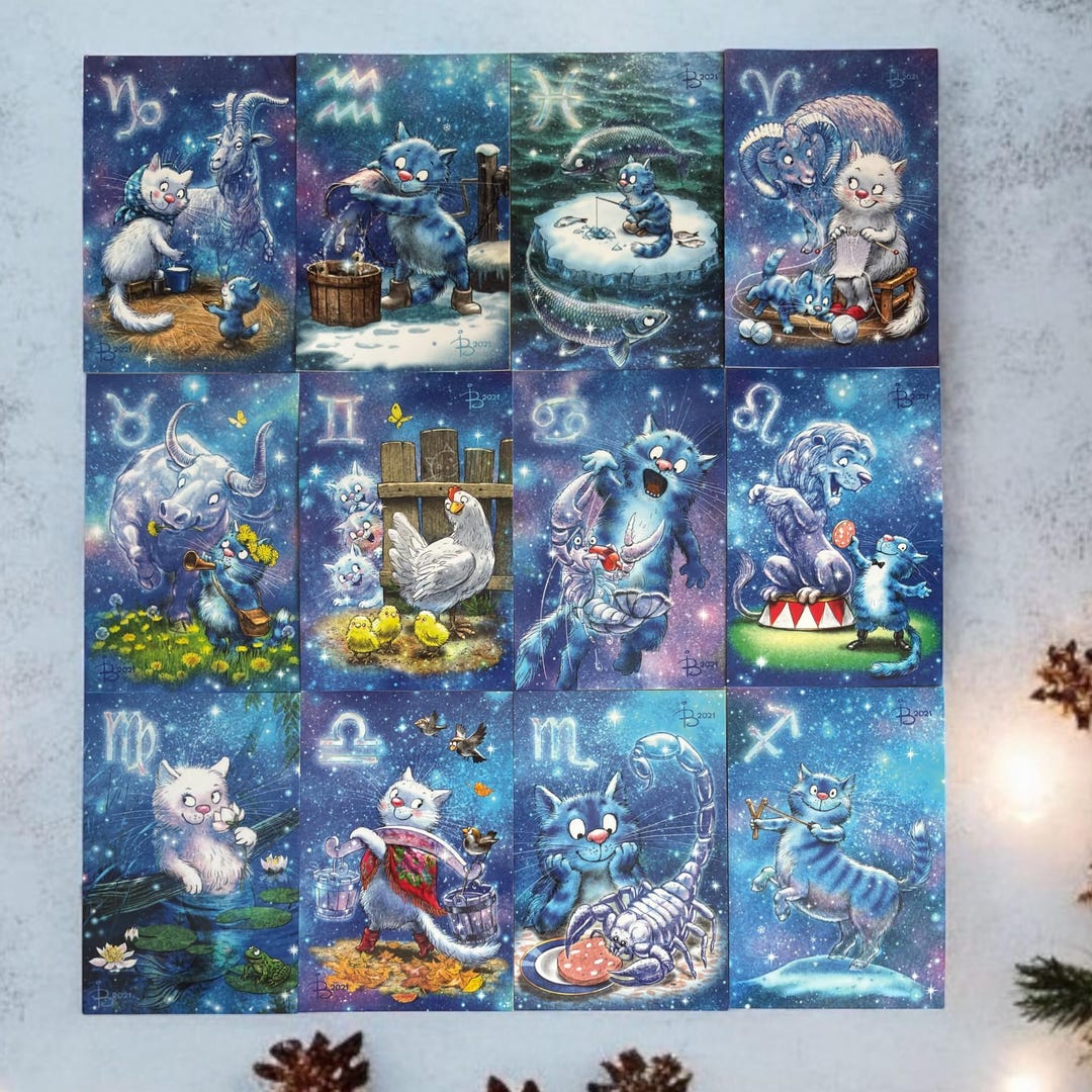 Blue Cats: Zodiac Signs Set of 12 Postcards or Single Postcards blue ...