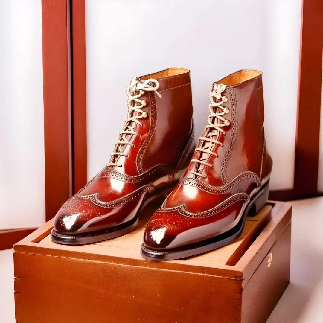 Men's Handmade Lace up Brown Leather High Neck Boots, Leather Sole ...