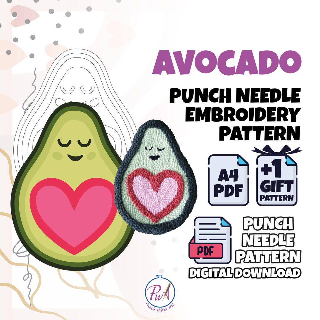 Cute Avocado Punch Needle Pattern, Heart Avocado Digital Download PDF ...