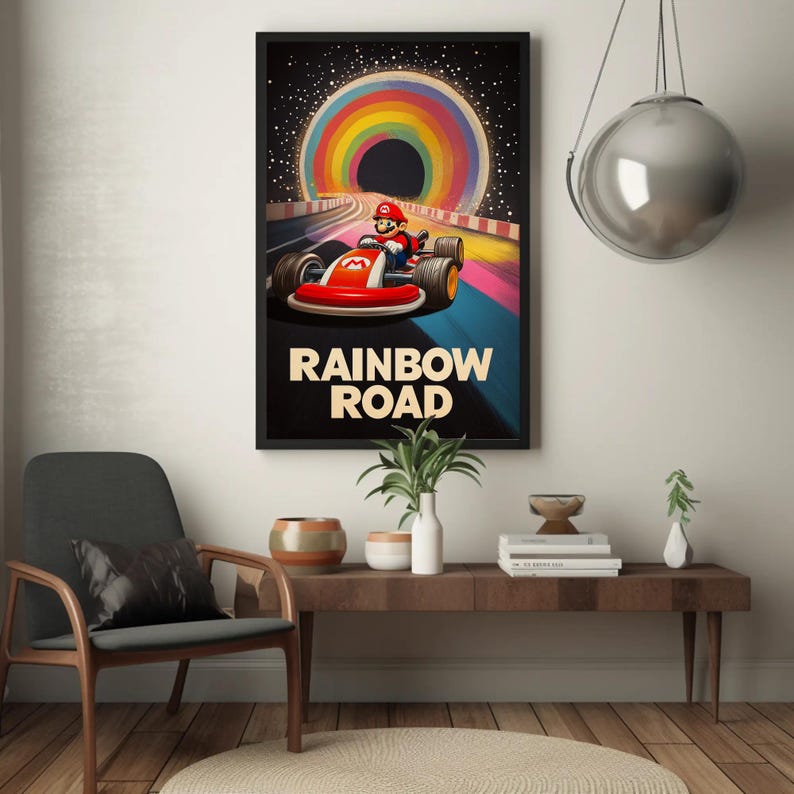 Mario Kart Poster Colorful Rainbow Road Wall Art For Bedroom Or Gaming