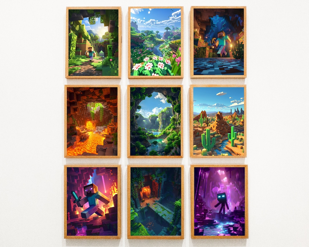 Set of 9 Minecraft Poster, Minecraft Wall Art, Minecraft Landscape ...