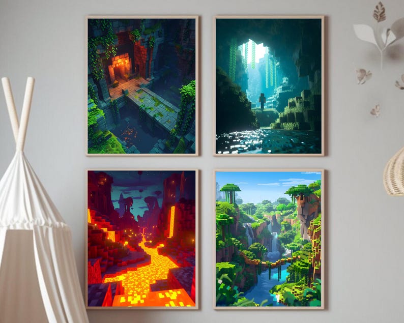 Set of 4 Minecraft Poster, Minecraft Wall Art, Minecraft Landscape ...