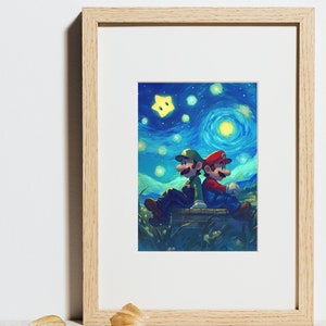 Mario and Luigi Van Gogh Poster, the Starry Night, Super Mario Bros ...