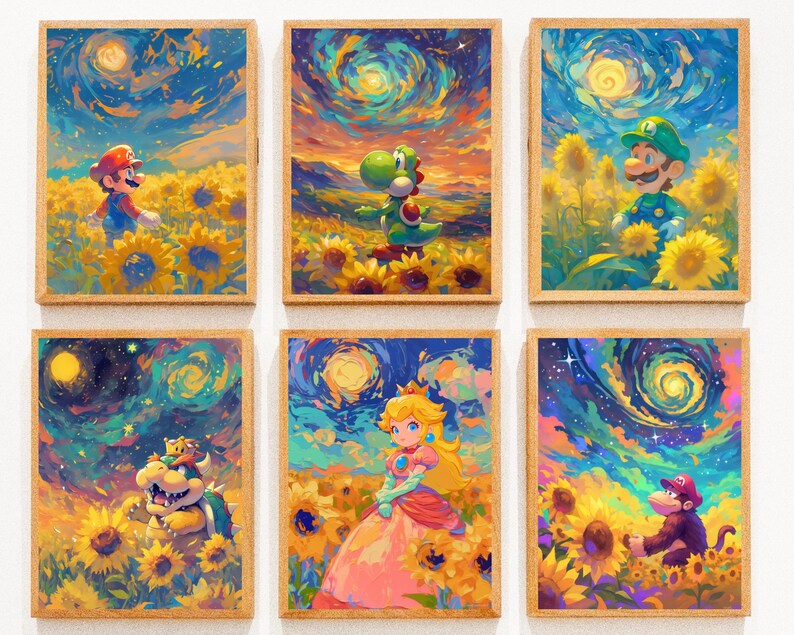 Van Gogh Super Mario Bros Poster: Sunflower Van Gogh Style Gaming Art ...