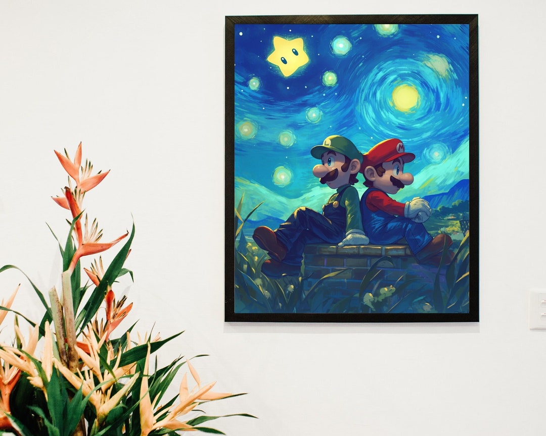Mario and Luigi Van Gogh Poster, the Starry Night, Super Mario Bros ...