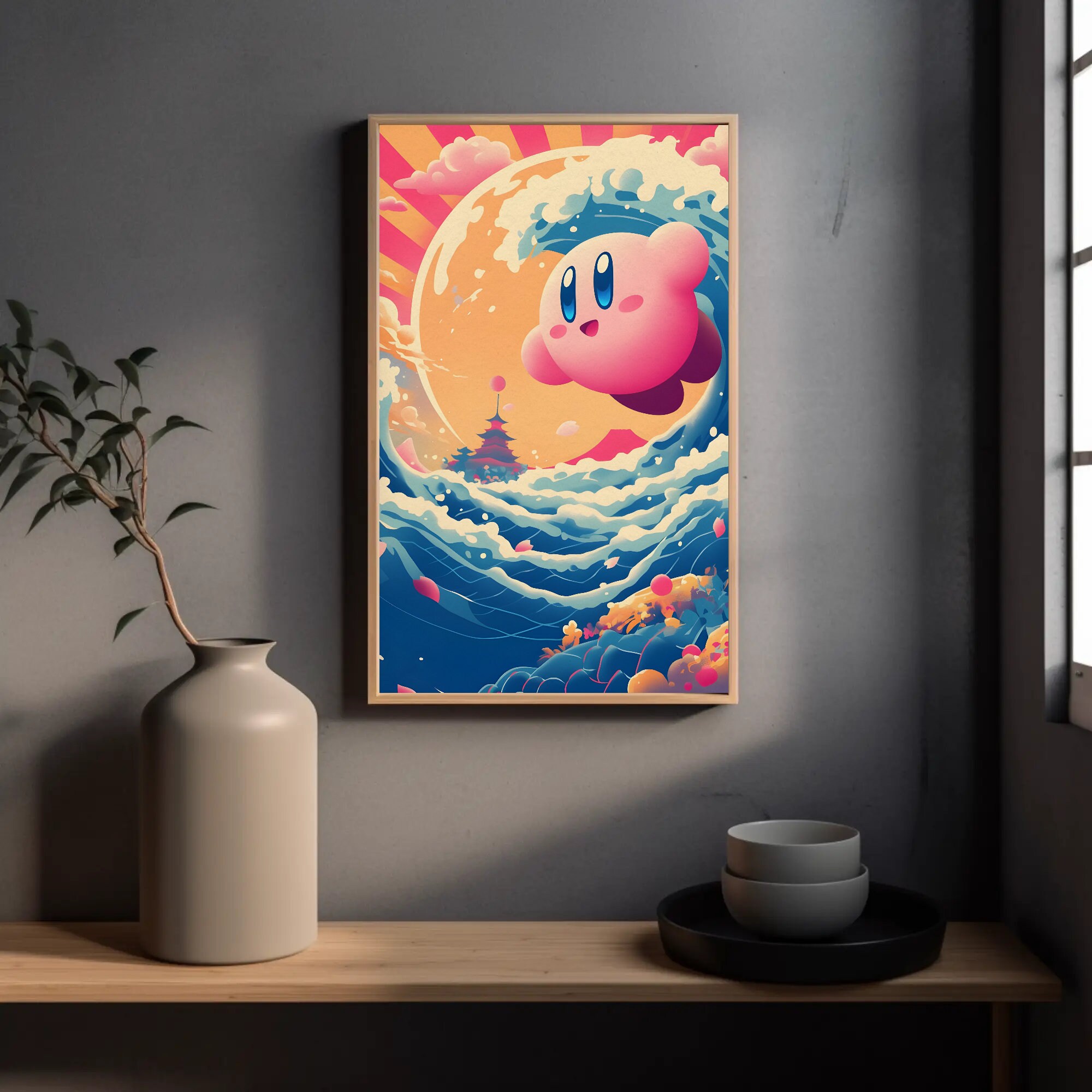 Kirby Poster, Kirby Japanese Tapestry, Printable Wall Art, Great Wave ...