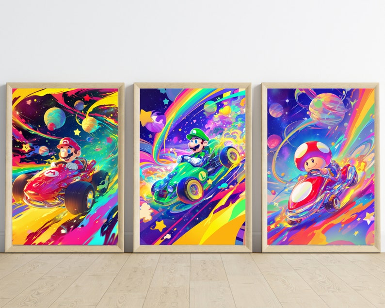 Printable Mario Kart Poster: Rainbow Road Retro Gaming Wall Art (set of ...