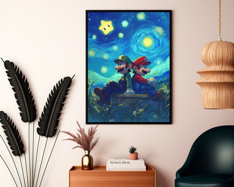 Mario and Luigi Van Gogh Poster: Starry Night Super Mario Bros Art ...