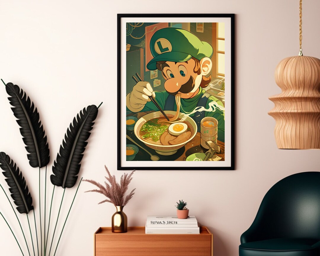 Luigi Poster, Luigi Eating Ramen, Printable Wall Art, Super Mario and ...