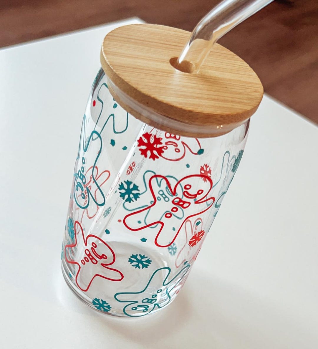 Coffee Cup Gingerbread Man Christmas Tumblers Glass Straw Lid Wood ...