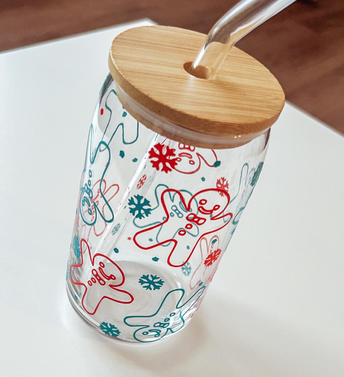 Coffee Cup Gingerbread Man Christmas Tumblers Glass Straw Lid Wood ...