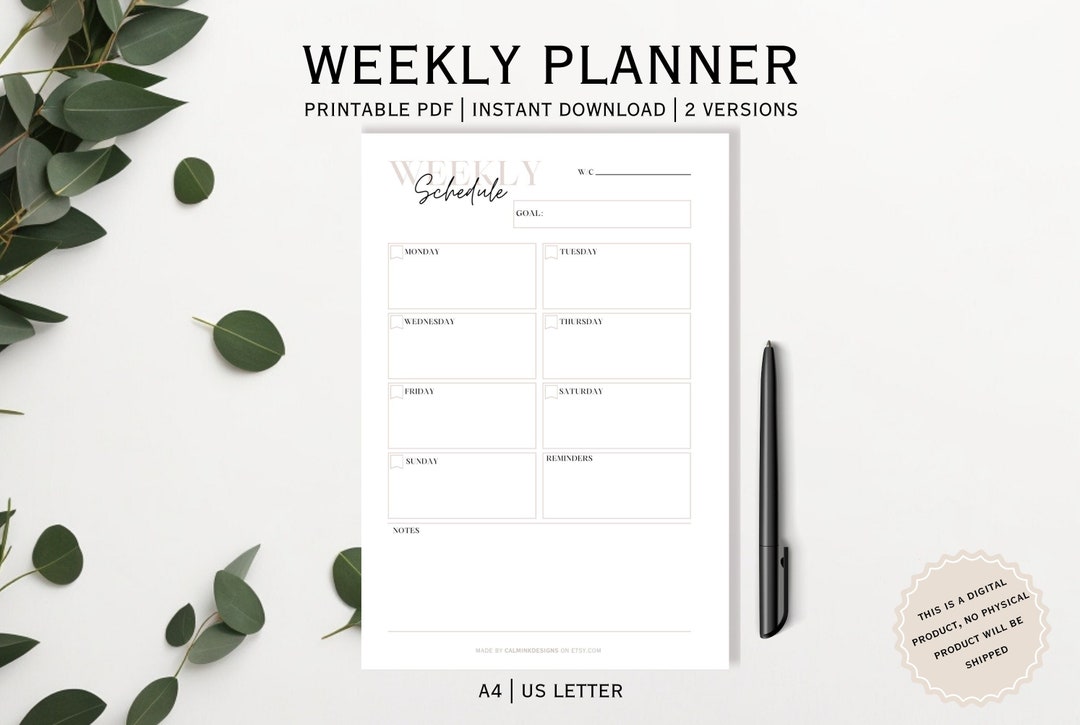 Printable Weekly Planner Template PDF, 7 Day Weekly Organiser ...