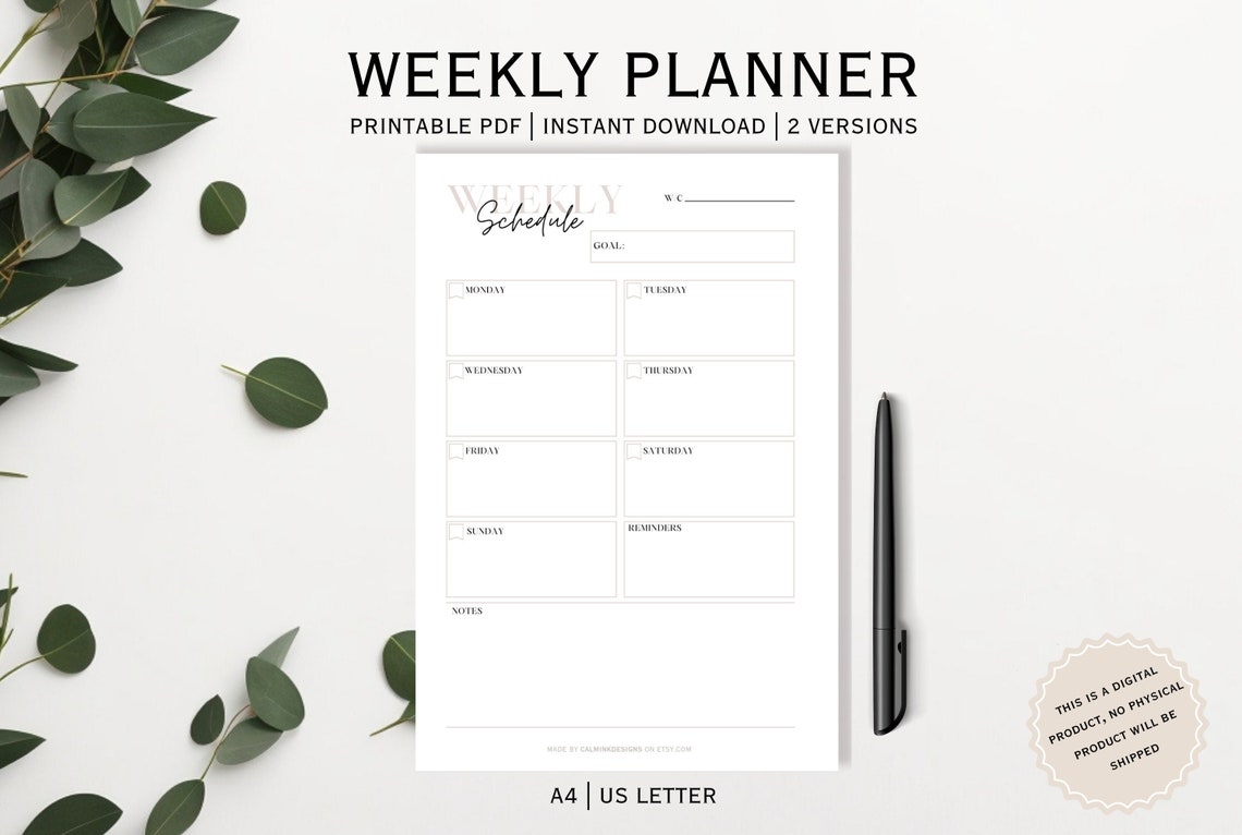 Printable Weekly Planner Template PDF, 7 Day Weekly Organiser ...