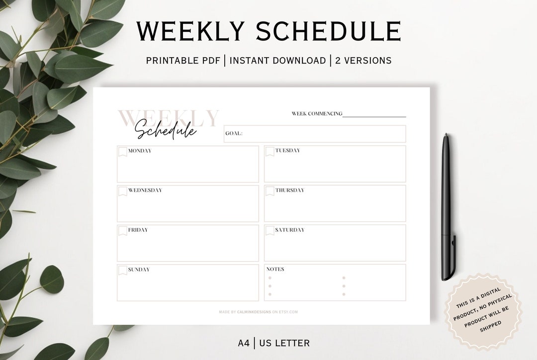 Weekly Planner Printable Landscape, Week at a Glance, Weekly Organiser ...