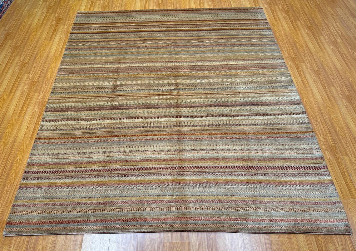 8x10 Beige & Orange Gabbeh Rug Thick Wool Striped Rug Afghan Hand ...