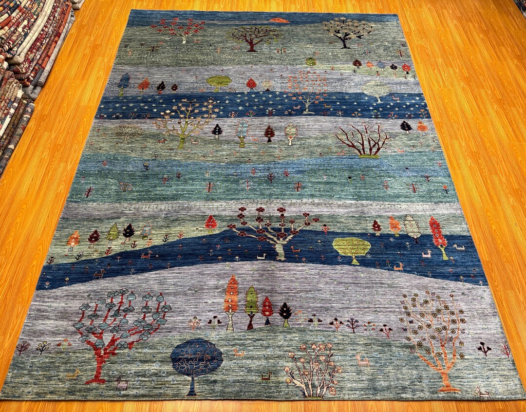 8'9x11'6 Gabbeh Rug - Green Tribal Landscape Afghan Hand Knotted Veg ...