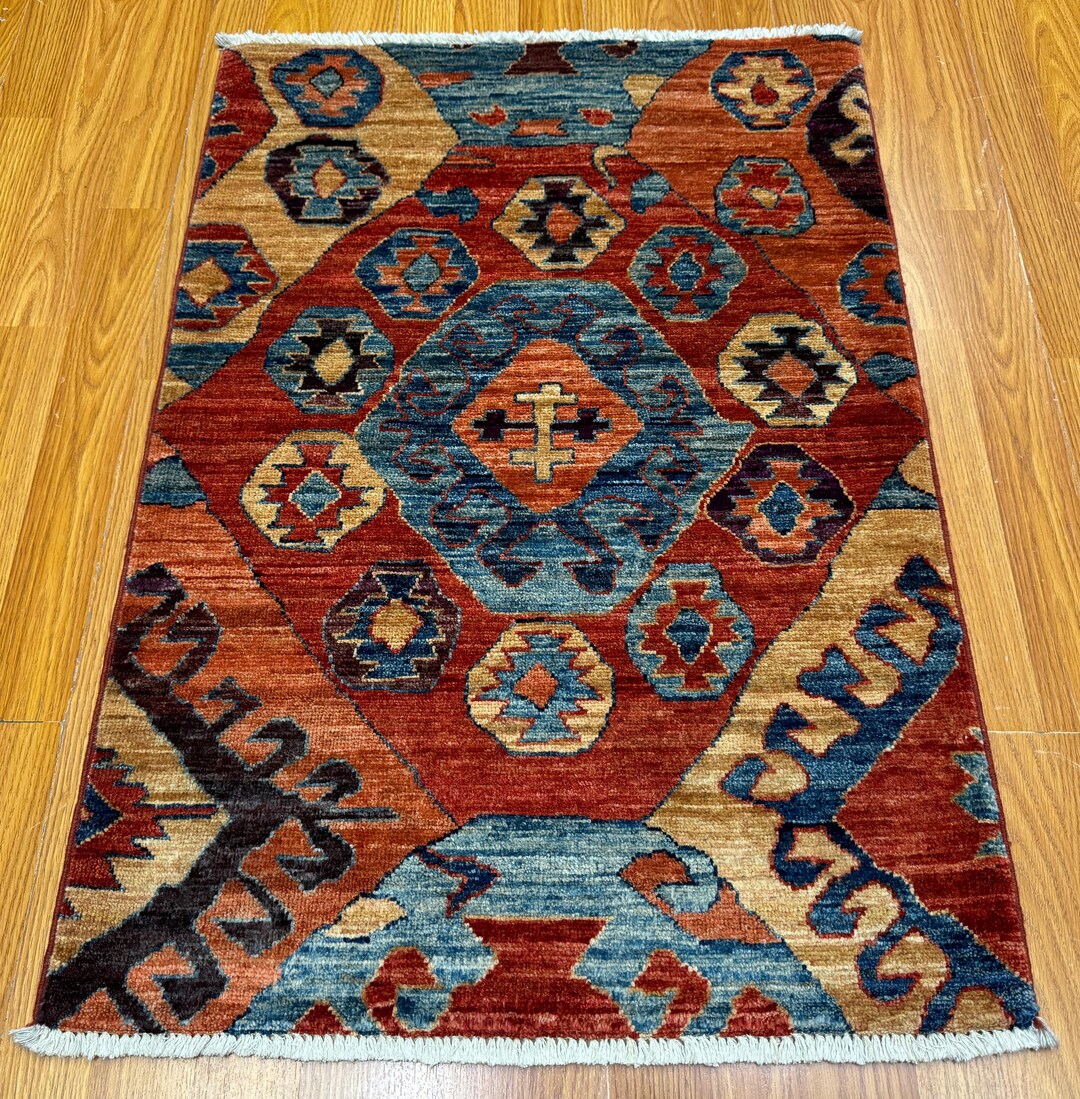2x3 Small Accent Rug - Red Afghan Hand Knotted Veg Dye Wool Rug - Small ...