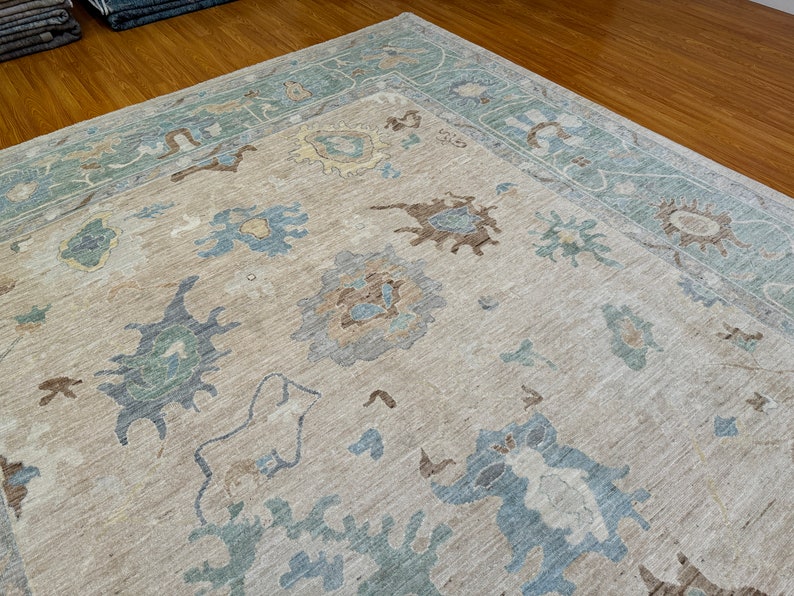 10x14 Oushak Area Rug Peach Blue Hand Knotted Turkish Design Rug Plush ...