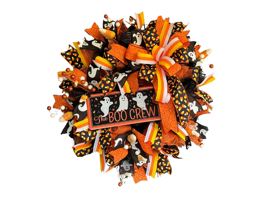Boo Crew Halloween Wreath Ghosts, Candy Corn, and Ribbons Spooky Door ...