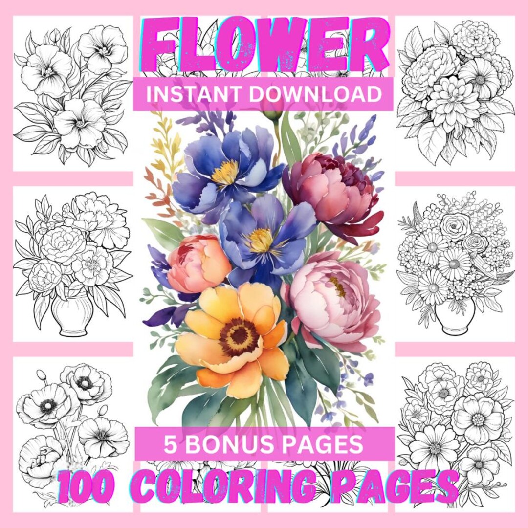 100 Flower Coloring Pages: Botanical Art for Adults & Kids (digital ...