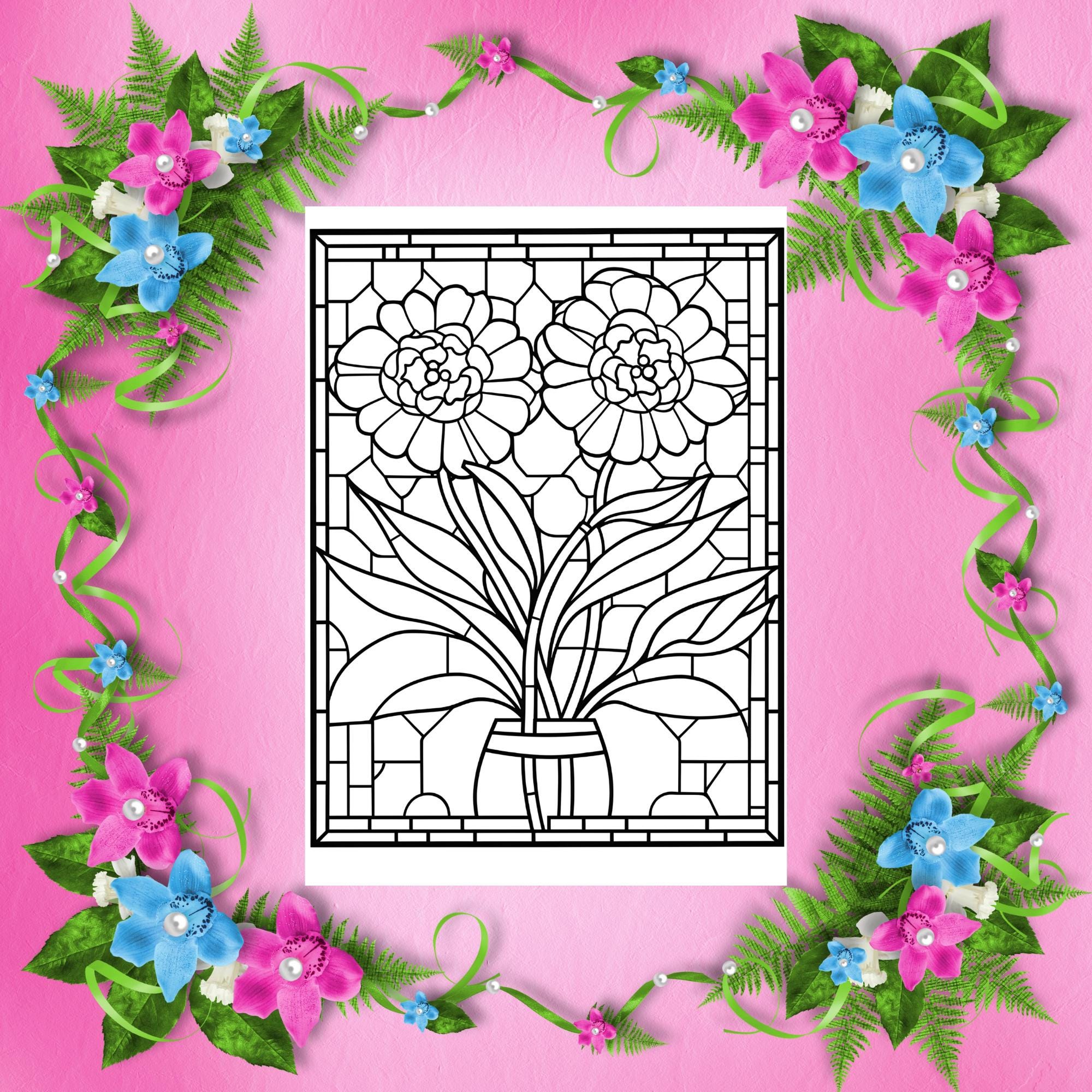 50 Stained Glass Flowers Coloring Pages | Floral Coloring Sheets | Kids ...