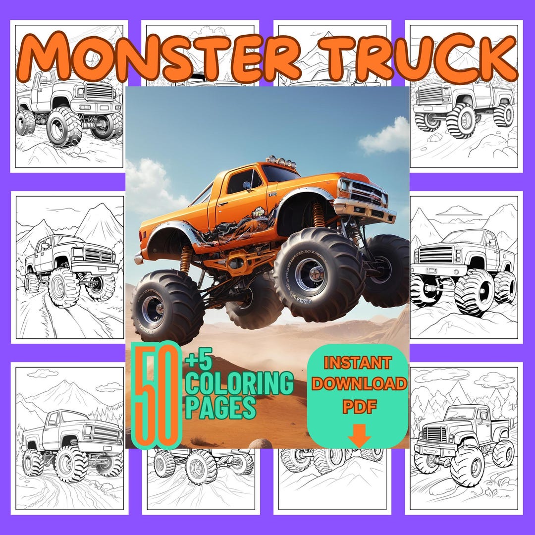 50 Monster Truck Coloring Pages for Kids & Adults (+5 Bonus) (digital ...