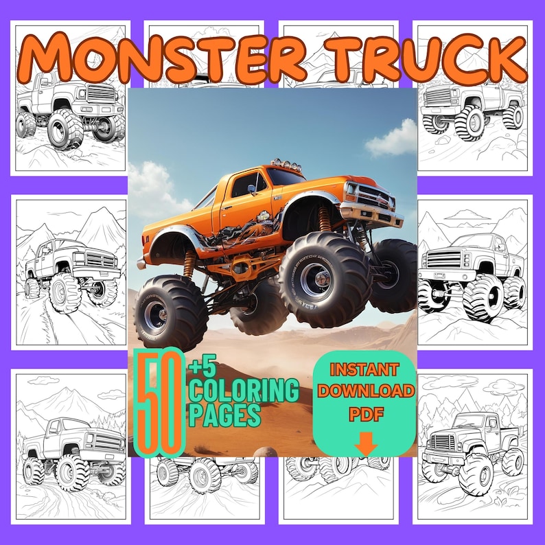 50 Monster Truck Coloring Pages for Kids & Adults (+5 Bonus) (digital ...