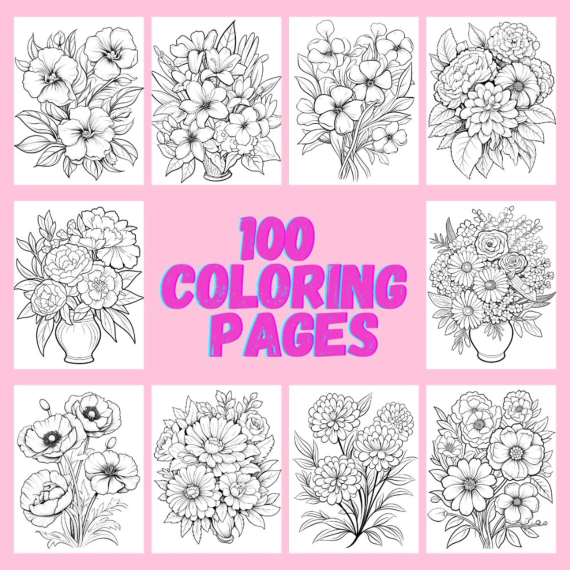 100 Flower Coloring Pages: Botanical Art for Adults & Kids (digital ...