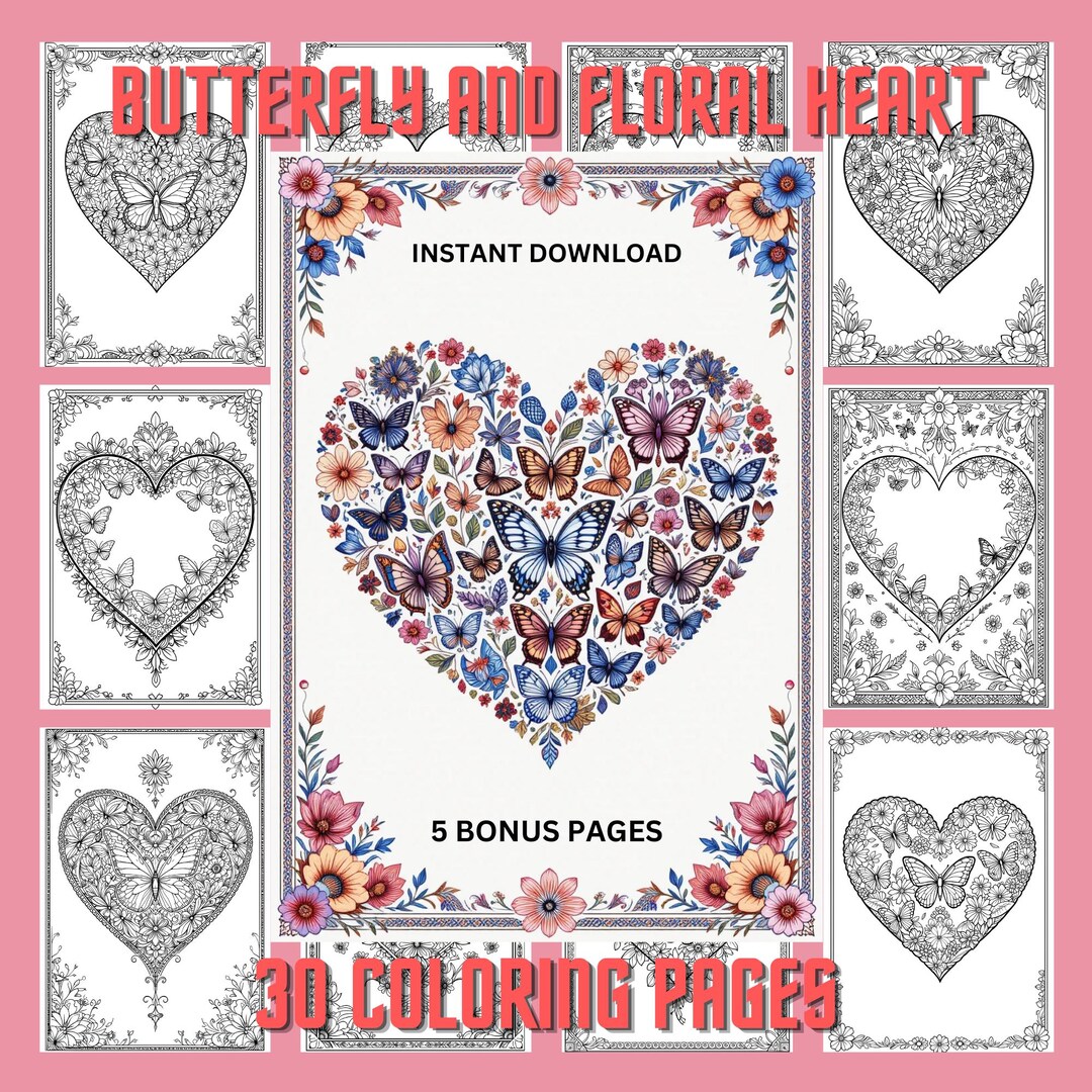 Butterfly Floral Heart Coloring Pages: 30 Designs + Bonus (instant ...