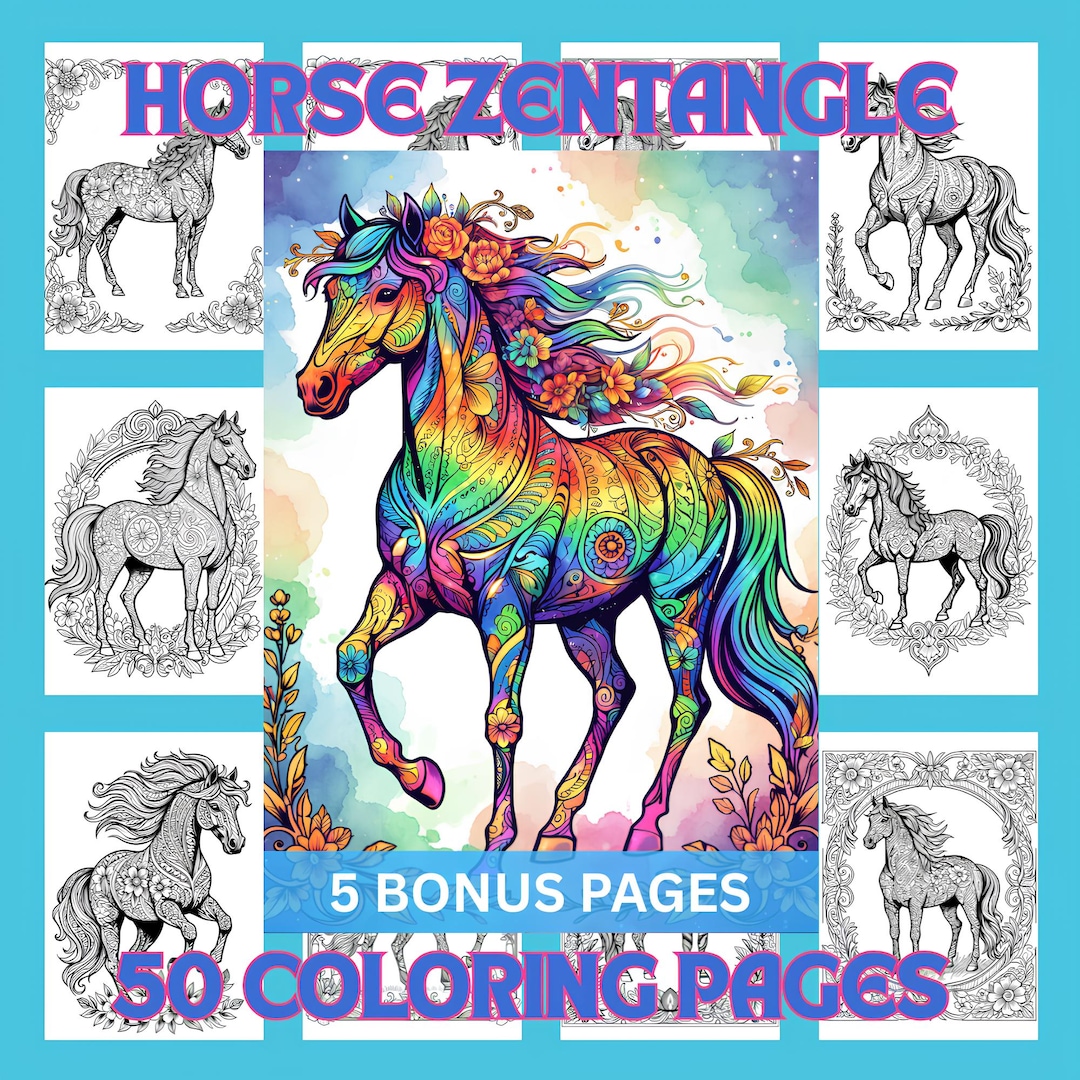 Horse Zentangle Coloring Pages: Grayscale Horse Coloring Sheet, Floral ...