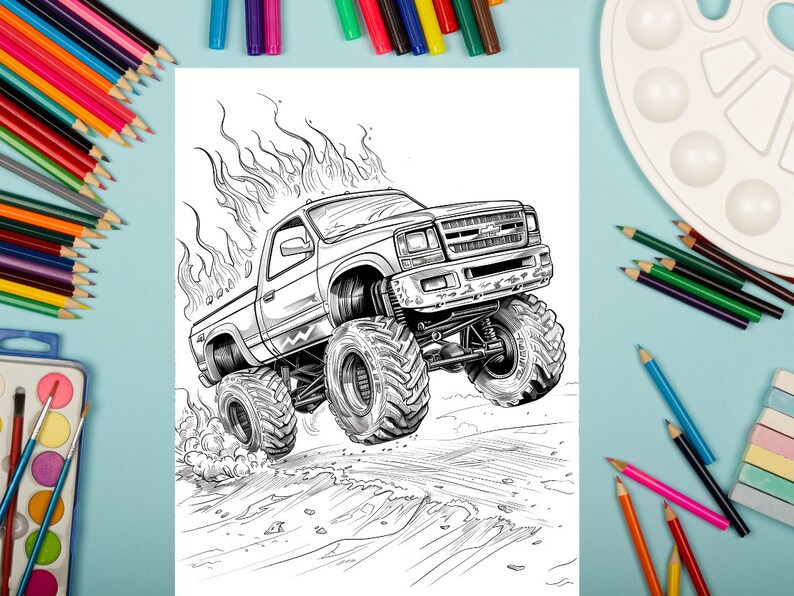50 Monster Truck Coloring Pages for Adults and Kids in Grayscale ...