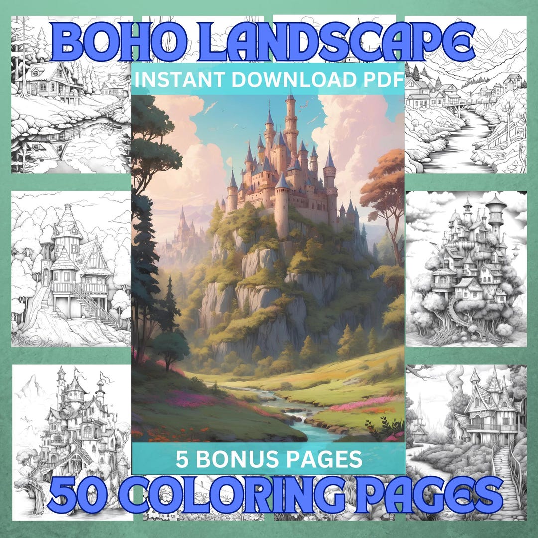 50 Boho Landscape Coloring Pages: Grayscale Nature Scenery (PDF ...