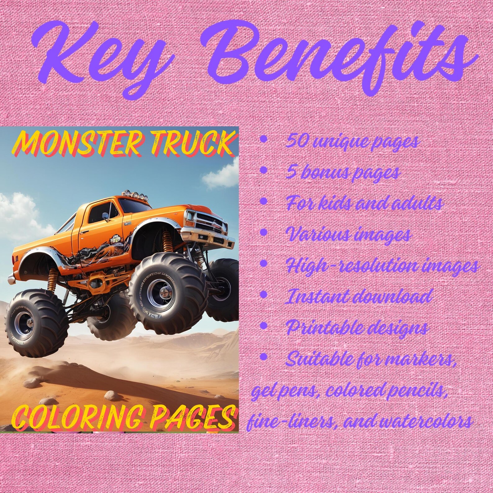 50 Monster Truck Coloring Pages for Kids & Adults (+5 Bonus) (digital ...