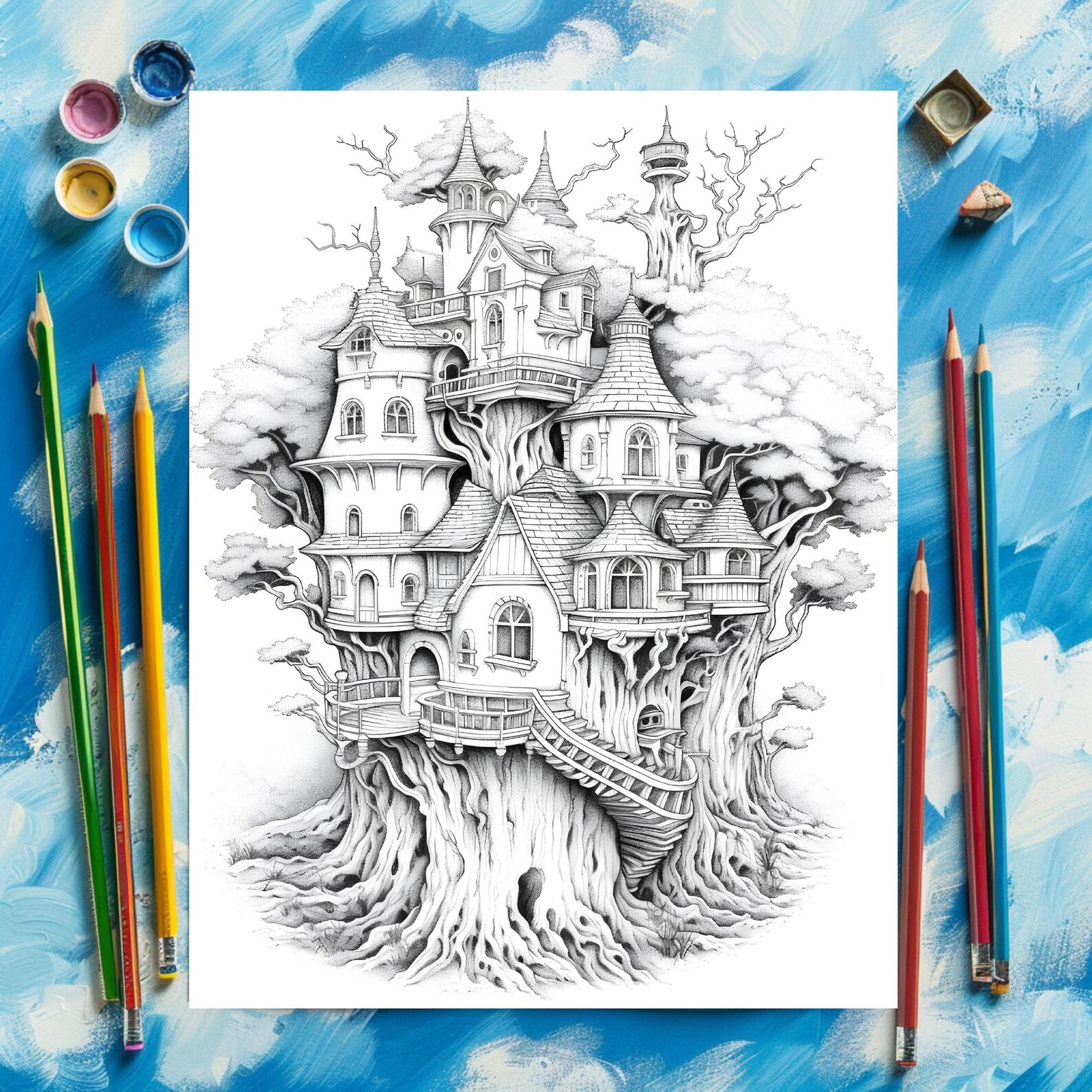 Enchanted Fairy House Coloring Pages: Grayscale Fantasy Art (printable ...