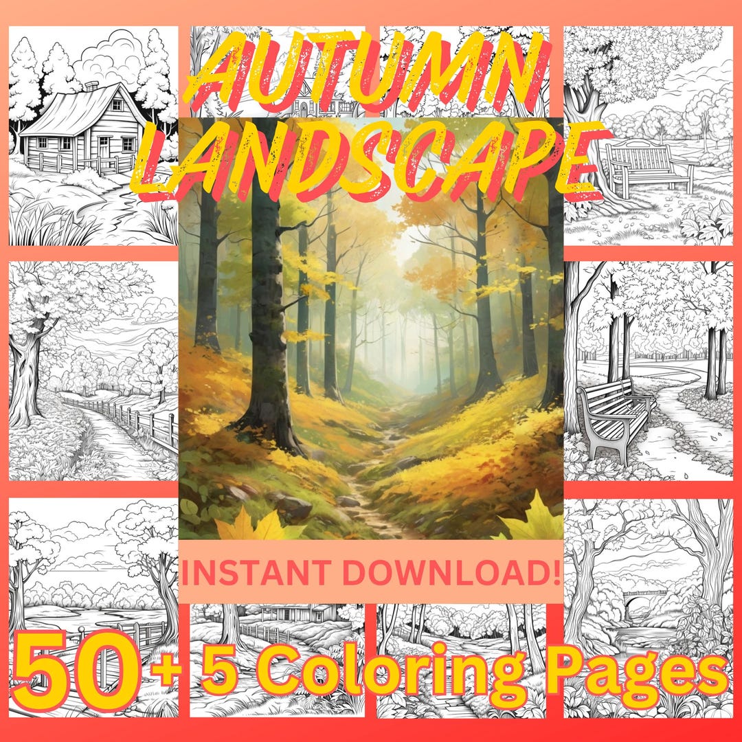 50 Autumn Landscape Coloring Pages: Grayscale Nature Scenes (printable ...