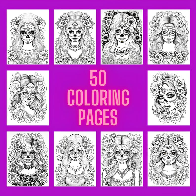 50 Sugar Skull Girl Coloring Pages | Grayscale Сoloring Pages for ...