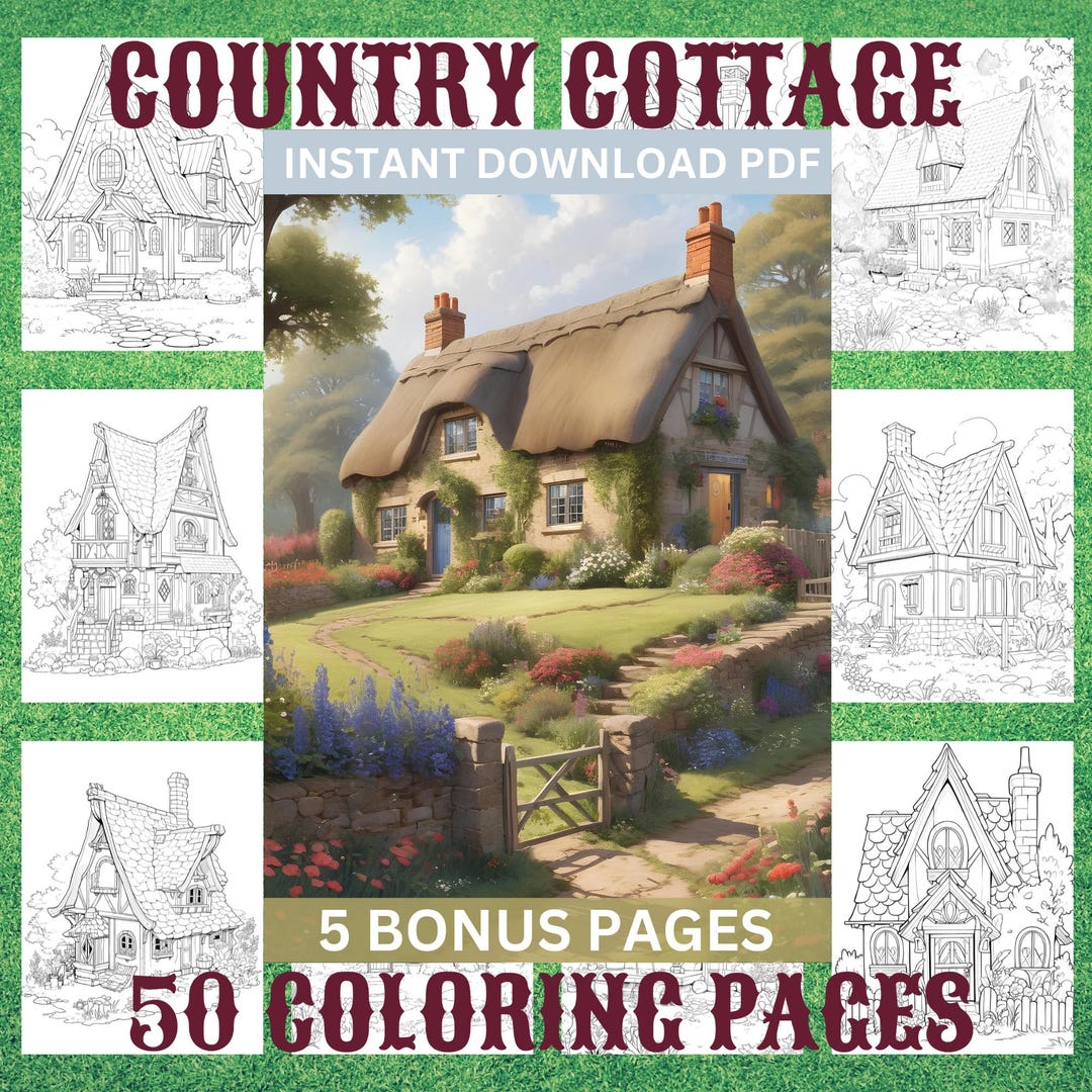 Country Cottage Coloring Pages: Cozy Village Scenes (digital Download ...