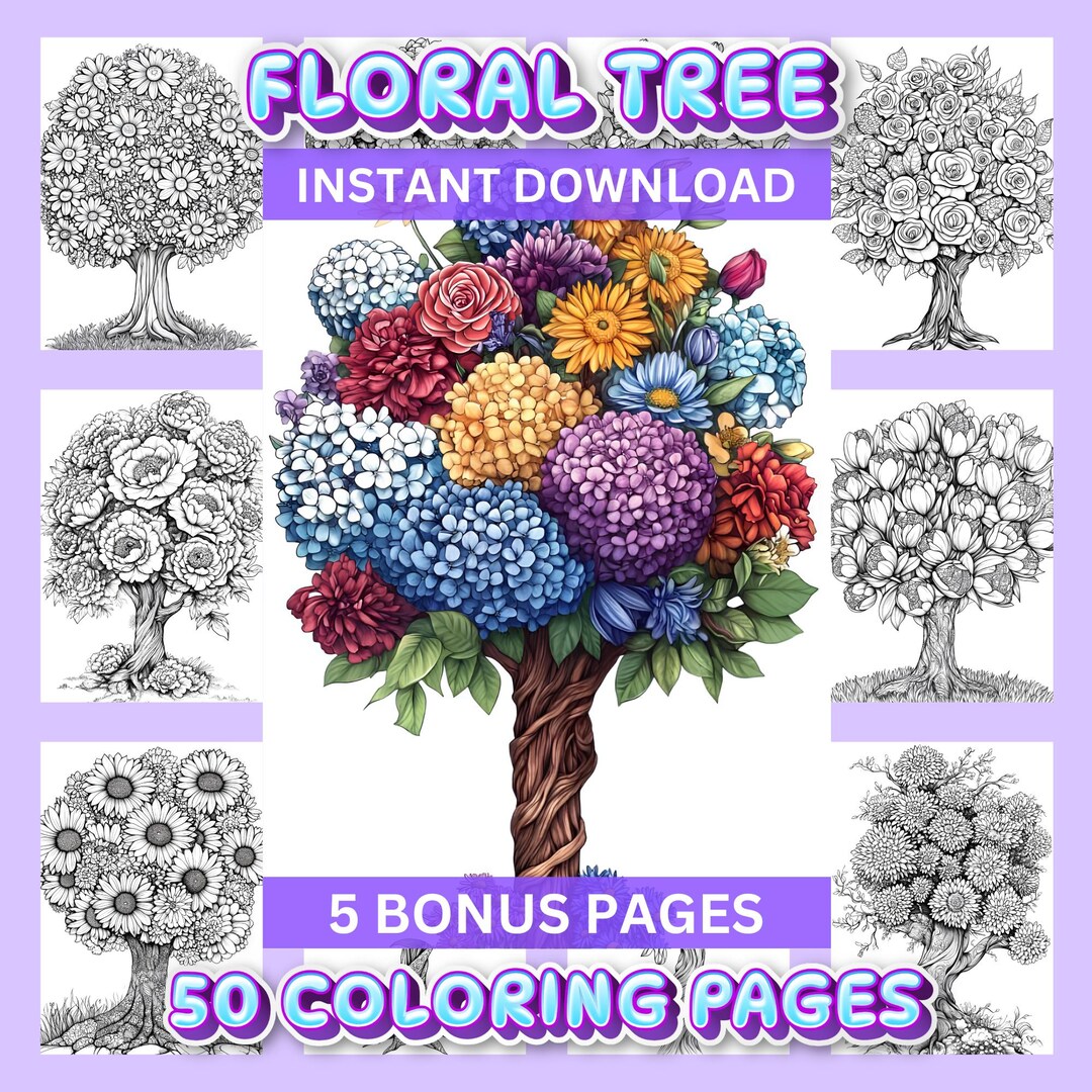 50 Floral Tree Coloring Pages | Fantasy Tree Coloring | Botanical ...