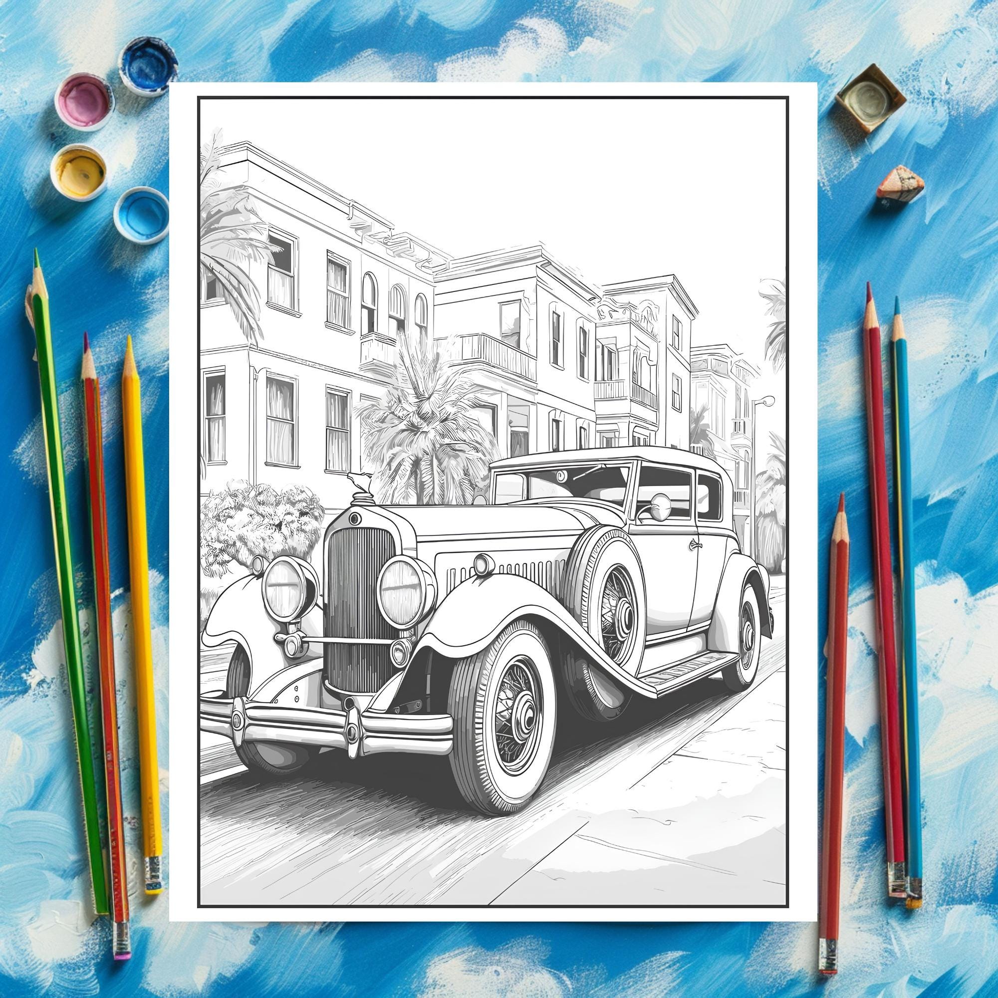 Classic Cars Coloring Pages: Grayscale Vintage Cars (printable PDF) - Etsy