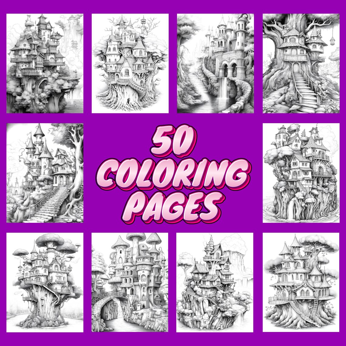 Enchanted Fairy House Coloring Pages: Grayscale Fantasy Art (printable ...