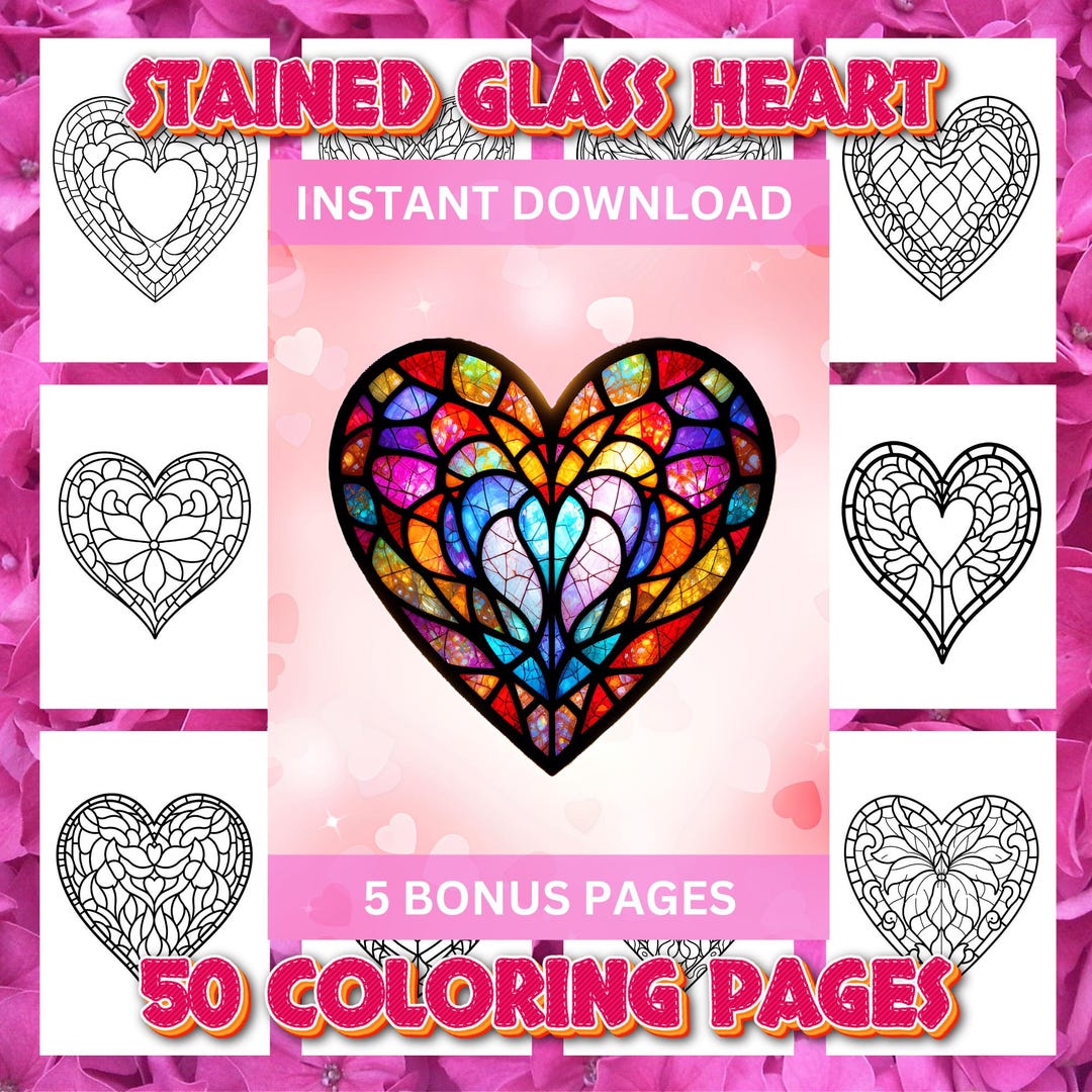 Stained Glass Heart Coloring Pages: 50 Designs (printable PDF) - Etsy