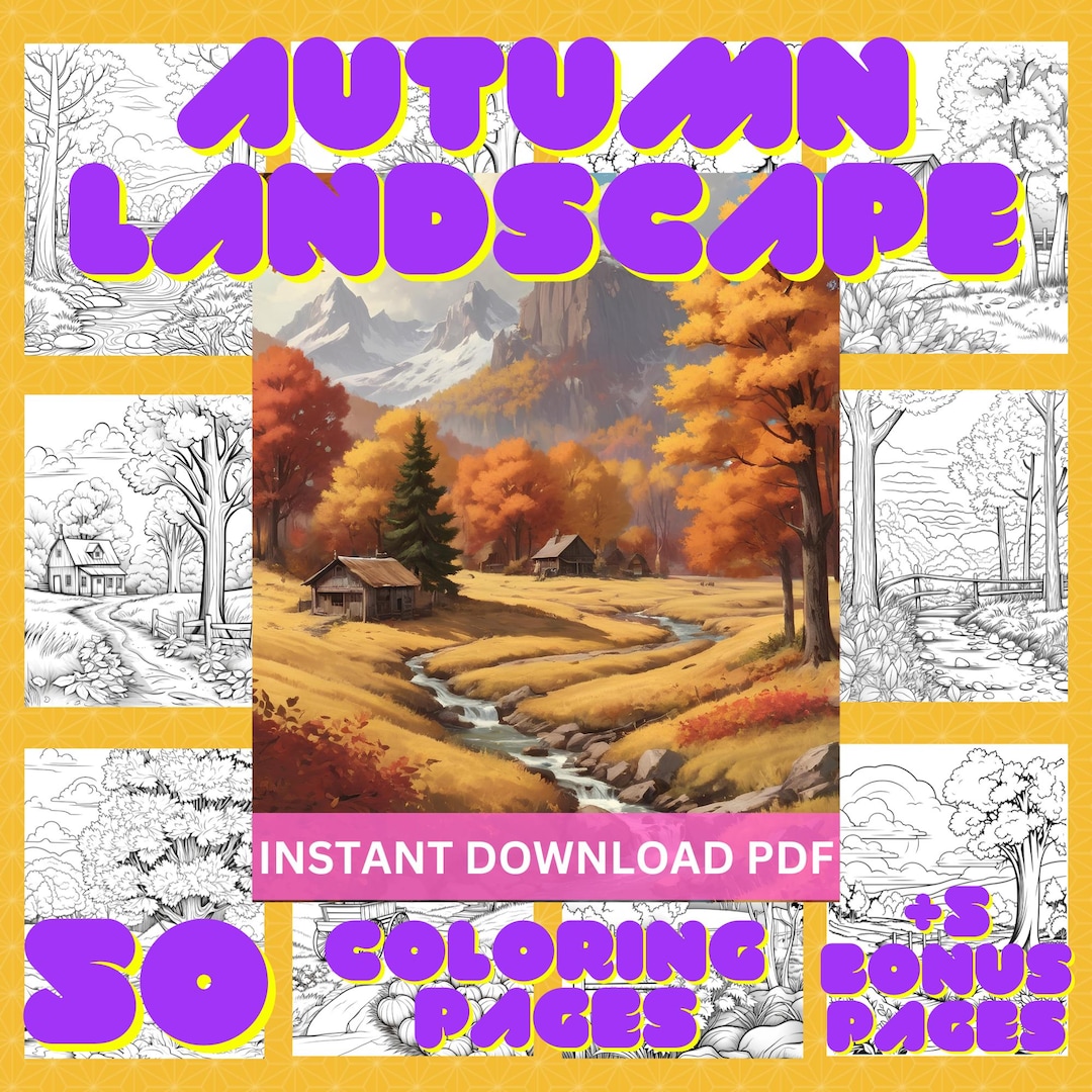 50 Autumn Landscape Coloring Pages Autumn Coloring Pages for Adults ...
